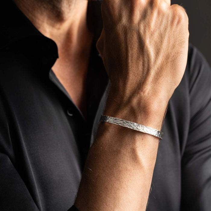 925 Sterling Silver Handmade Hammered Bangle Bracelet For Men - Lugo